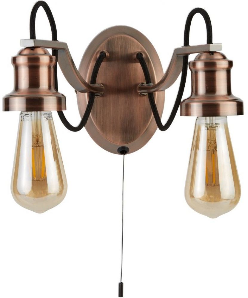 Olivia 2lt Wall Light, Black Braided Fabric Cable, Antique Copper (1062 ...